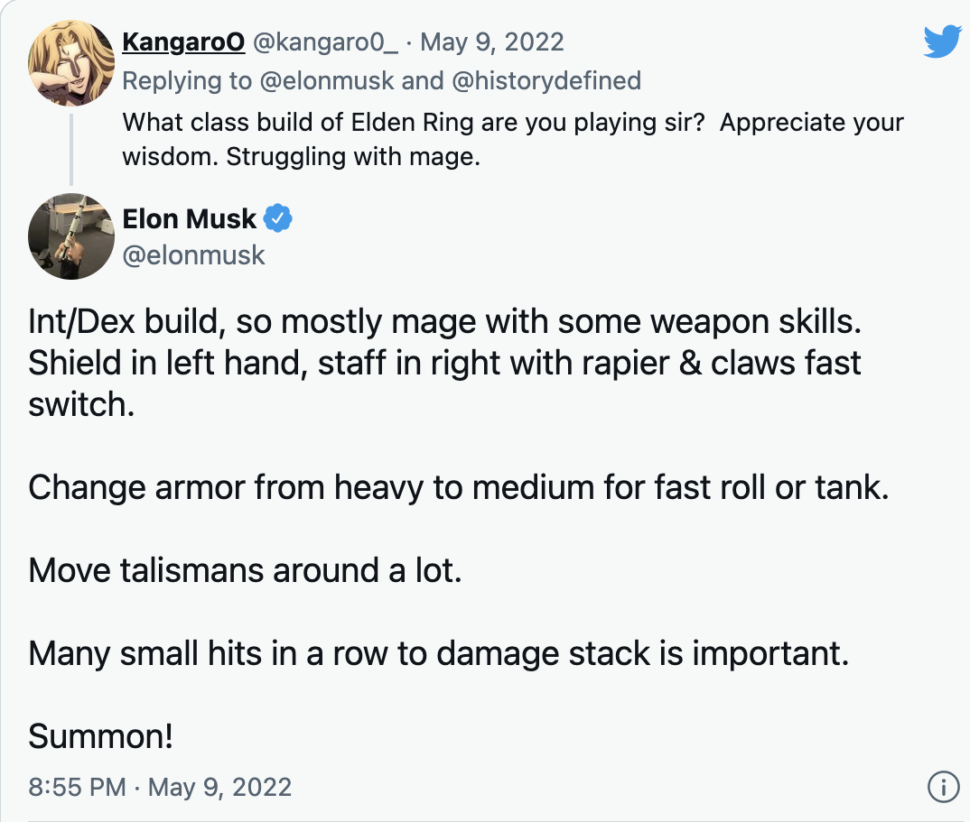 Elon Musk avslöjar sin Elden Ring build och världen lyssnar