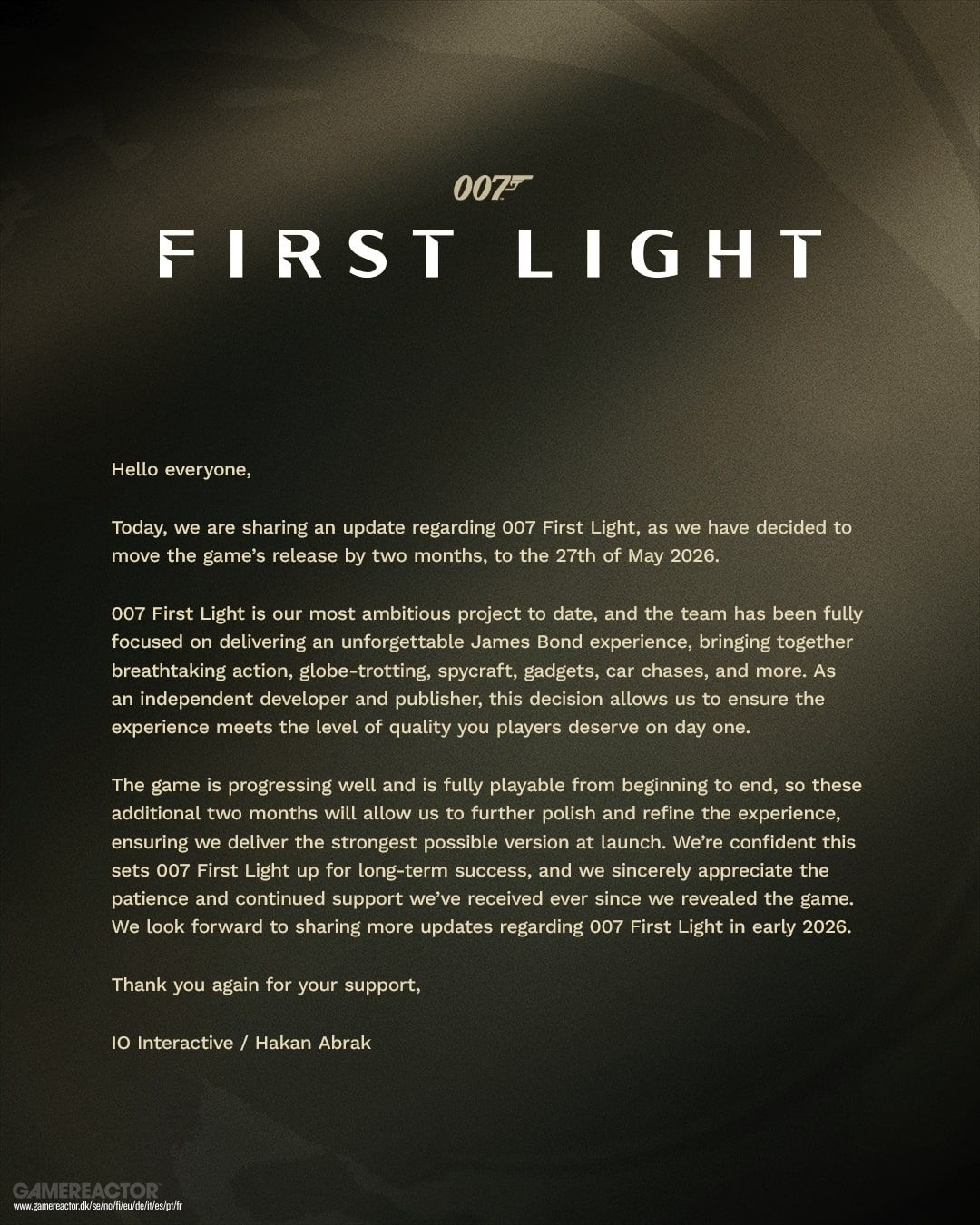 IO Interactive-förseningar 007 First Light till maj 2026