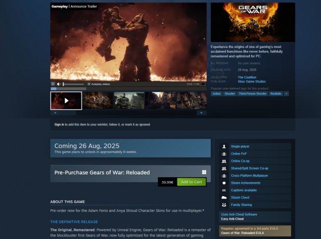 Gears of War: Reloaded sågas på Steam - stora tekniska problem och saknar local co-op